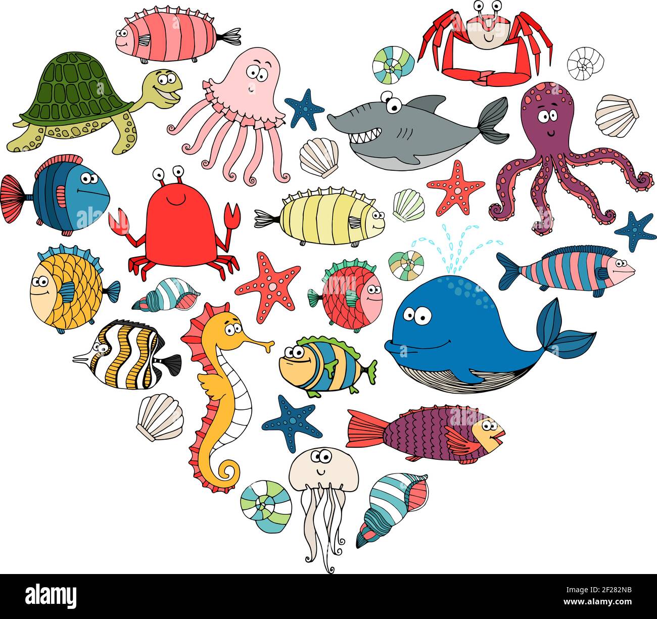 fish and marine animals in shape of heart, vector eps10 illustration ...