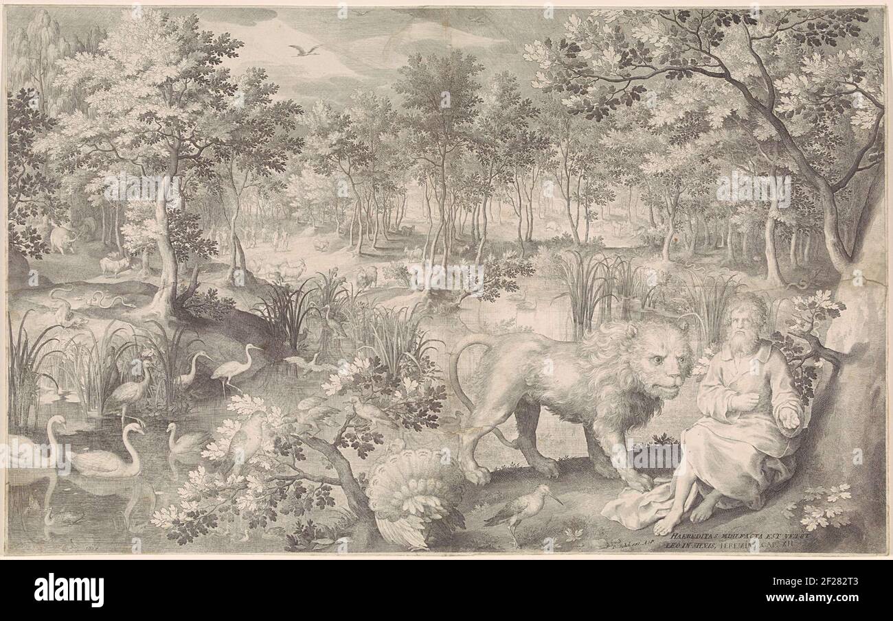The prophet Jeremiah in the wilderness. Several wild animals around him ...