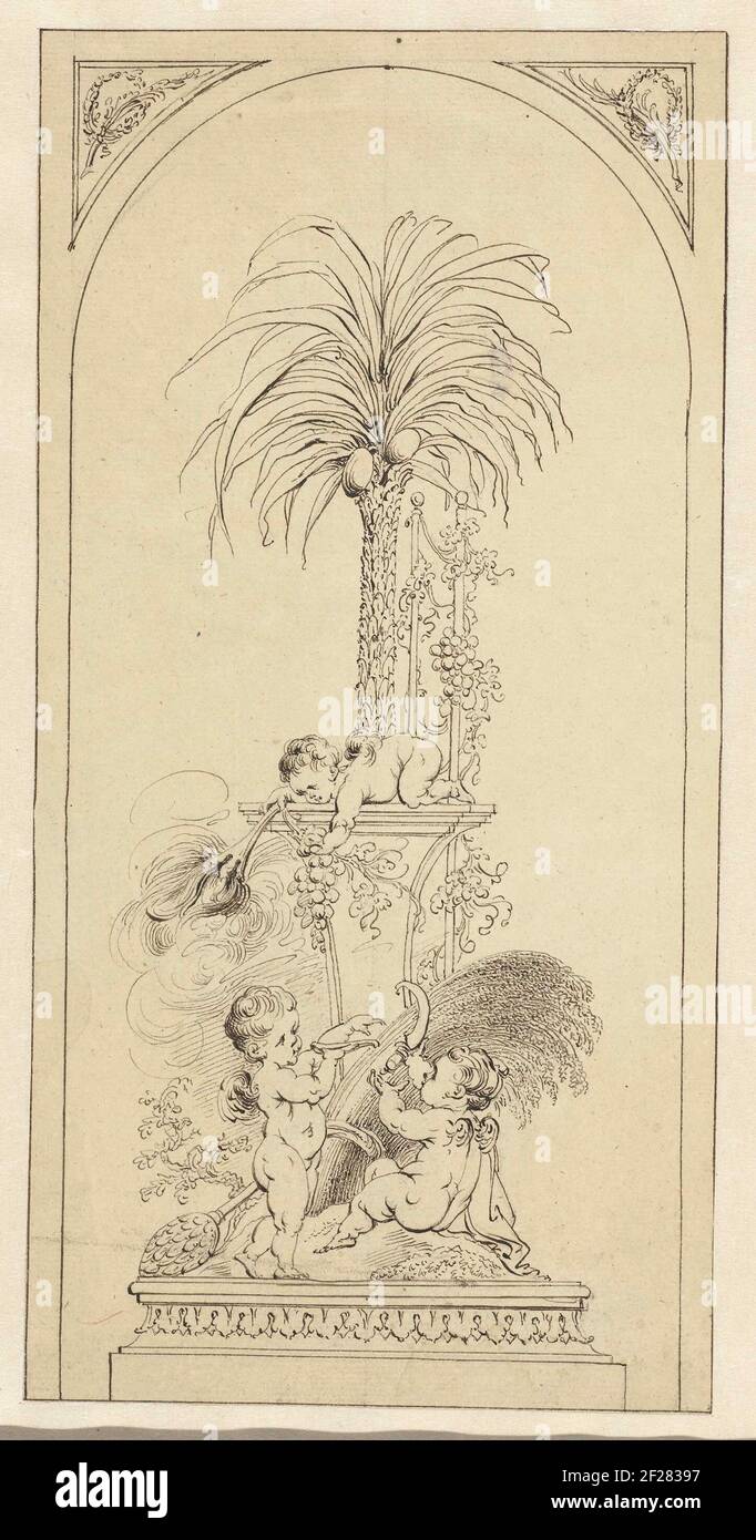 Panel filling with three putti and palm tree Stock Photo - Alamy