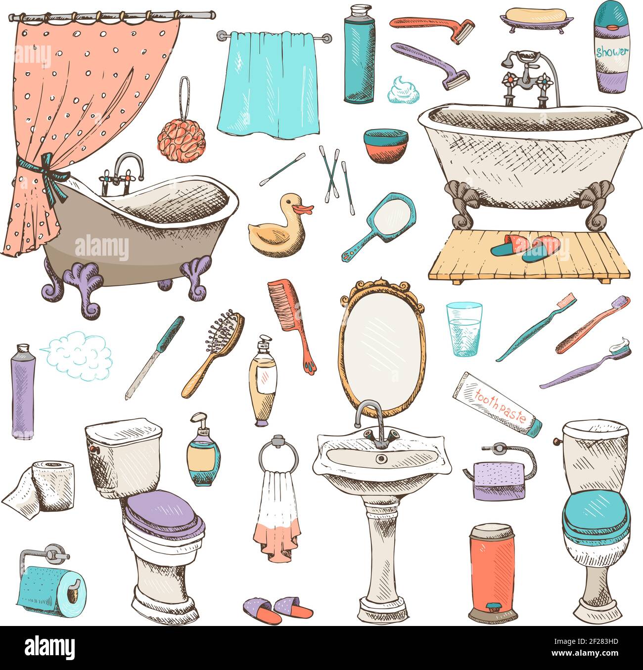 Set of vector bathroom and personal hygiene icons with bathtubs towel ...