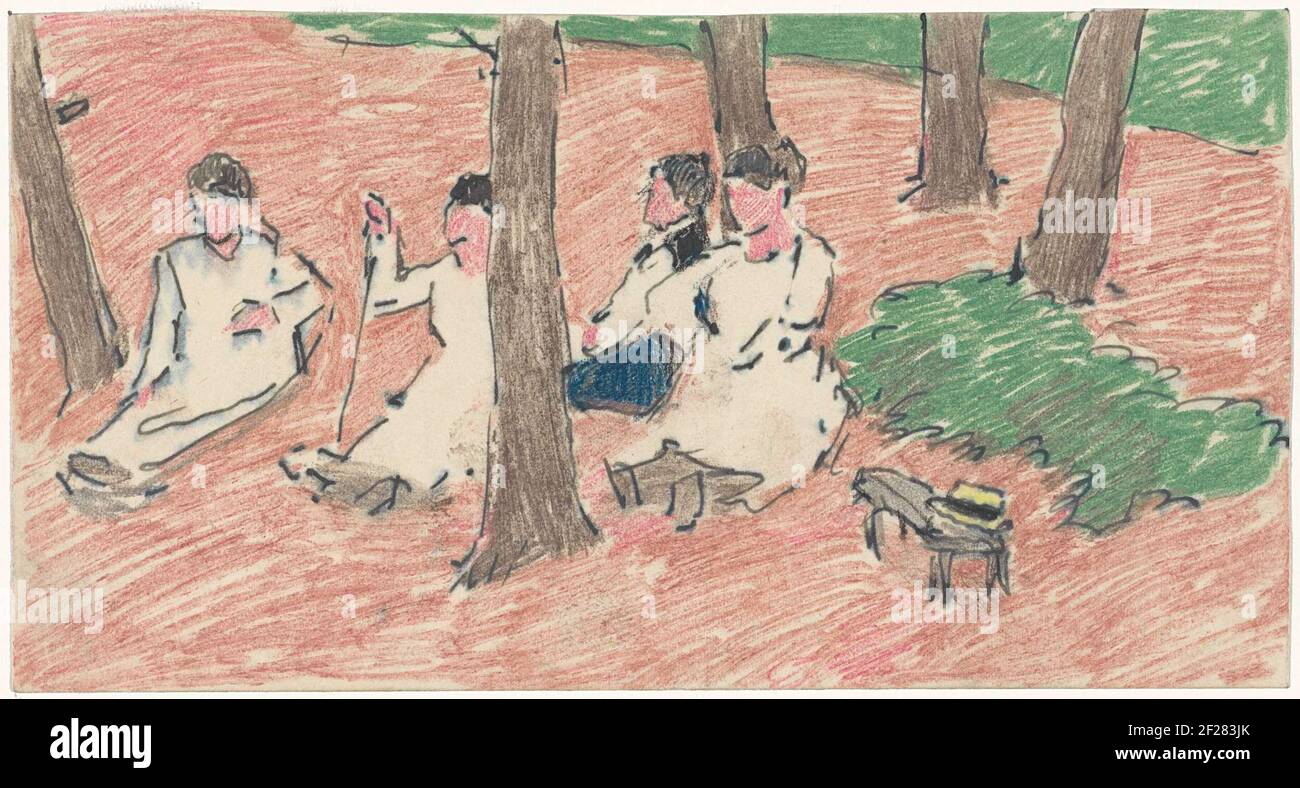 Group of people sitting under trees Stock Photo - Alamy