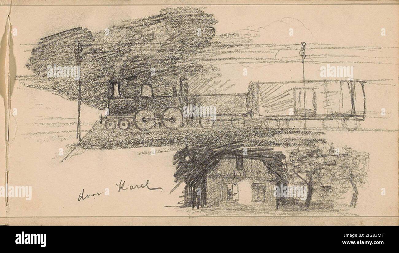 Steam locomotive and a house with a chimney next to two trees.Leaf 16 ...