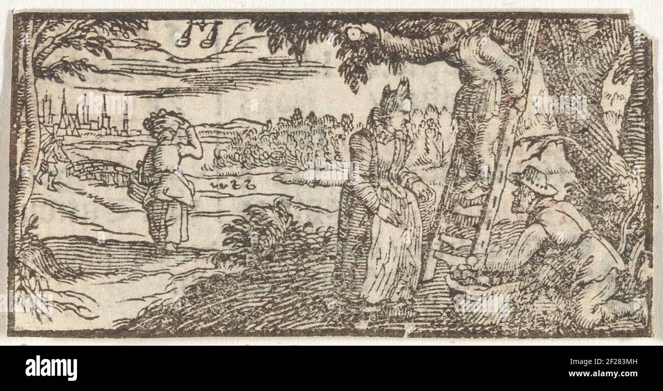 September; Maanden van het jaar.A man stands on a ladder against a tree ...