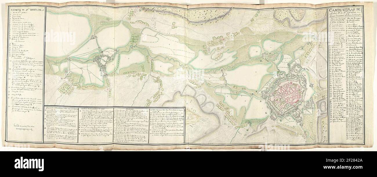 Kaart van Mons in Saint-Ghislain in omgeving, ca. 1709; Map and map of ...