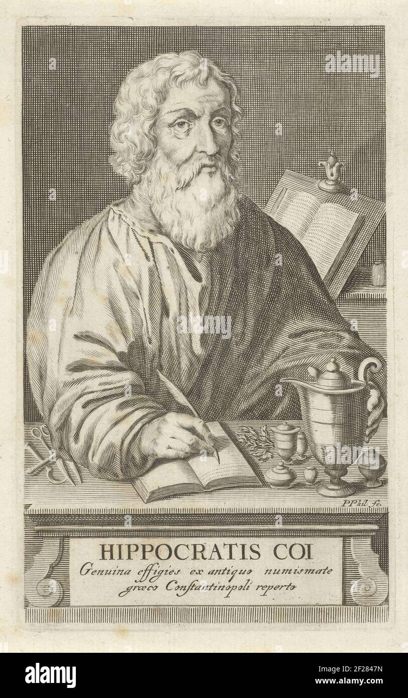 The Greek doctor Hippocrates from Kos in his study room, with a feather ...