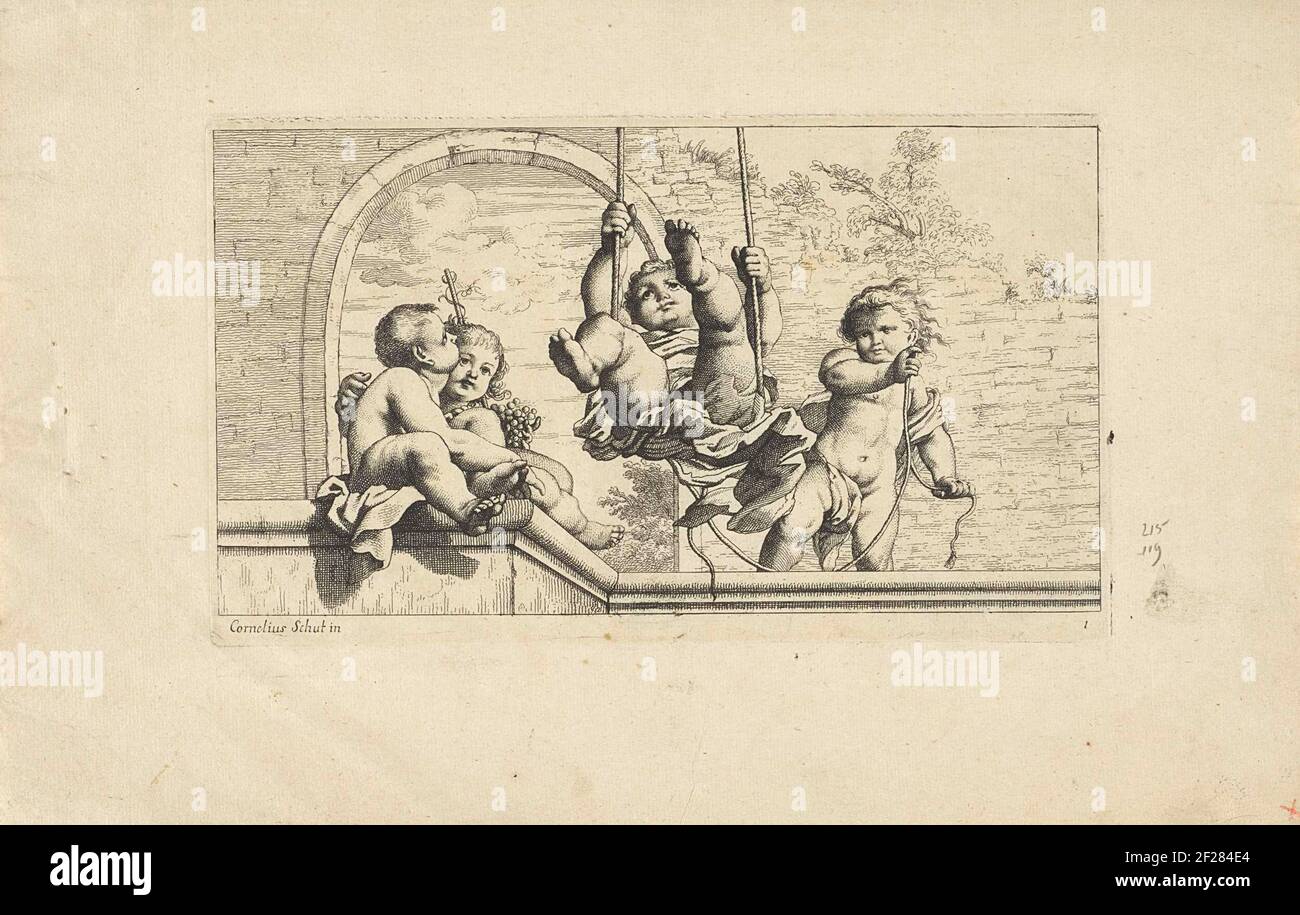 Putto op een schommel; Spelende putti.A putto is sitting on a swing. A ...