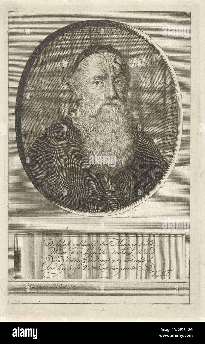 Portrait of Menno Simons, manager of the mennonites, a calot on the ...