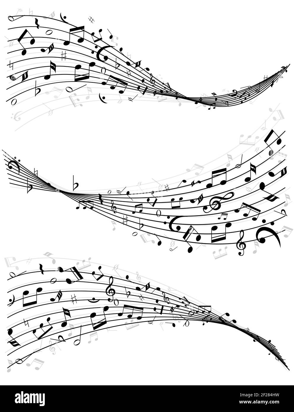 Set of three different wavy lines or staves of random scattered music ...