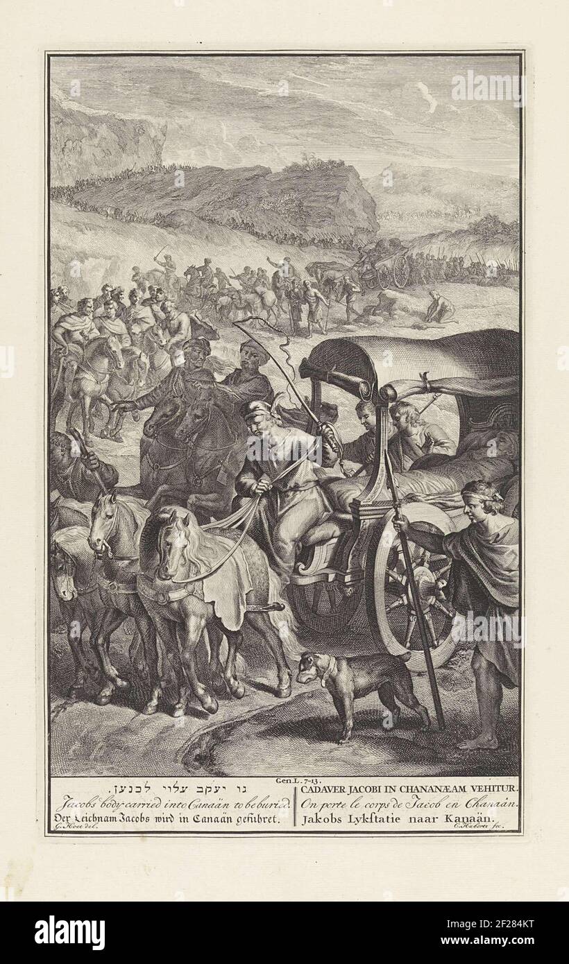 A carriage with Jacob's body is drawn by horses. Behind it winds a long ...