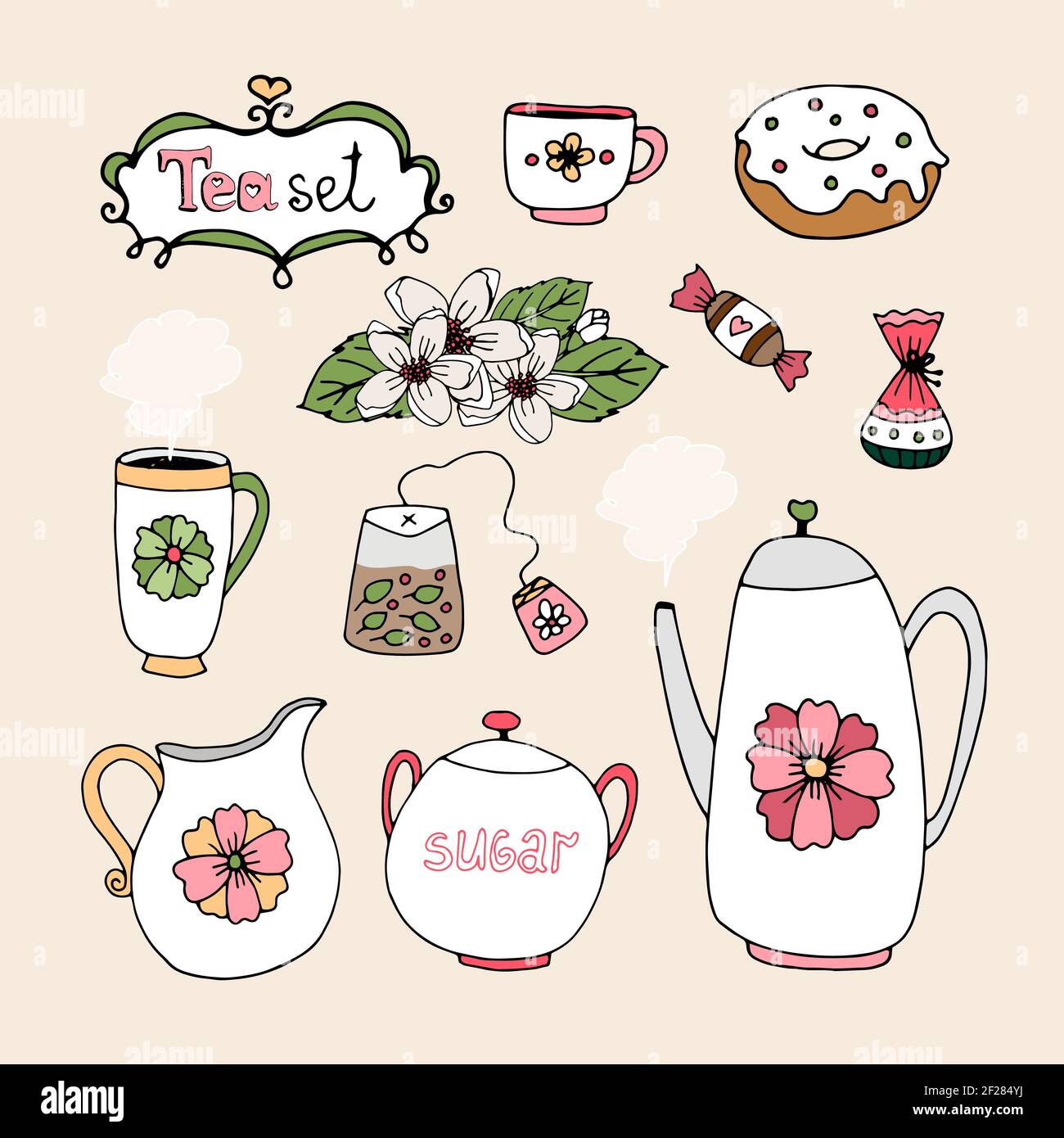 Set of vector tea service icons with cup teapot sugar milk jug teabag ...