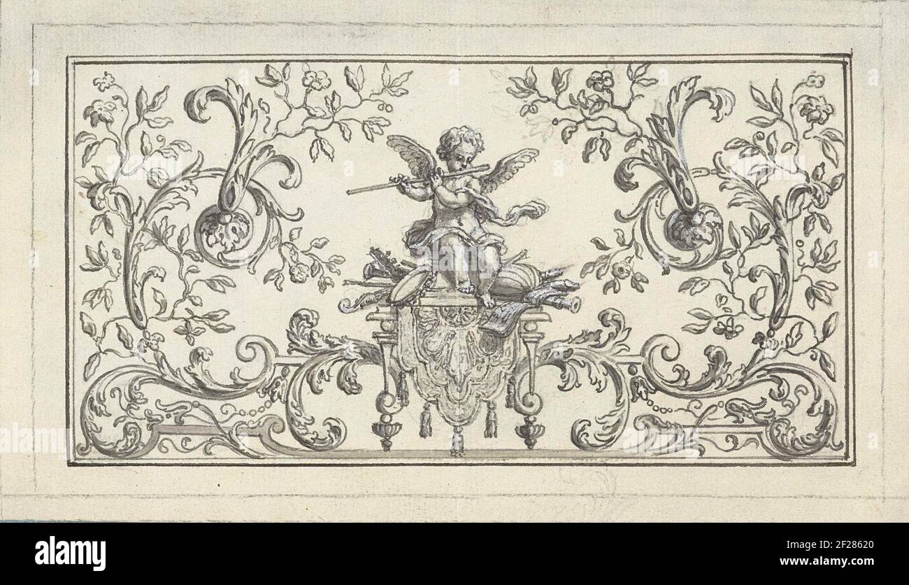 Panel filling with flute playing putto. Design for a print Stock Photo ...