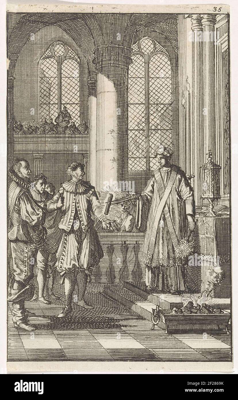 A man who is accused of heresy is in a church for the altar. With an ...