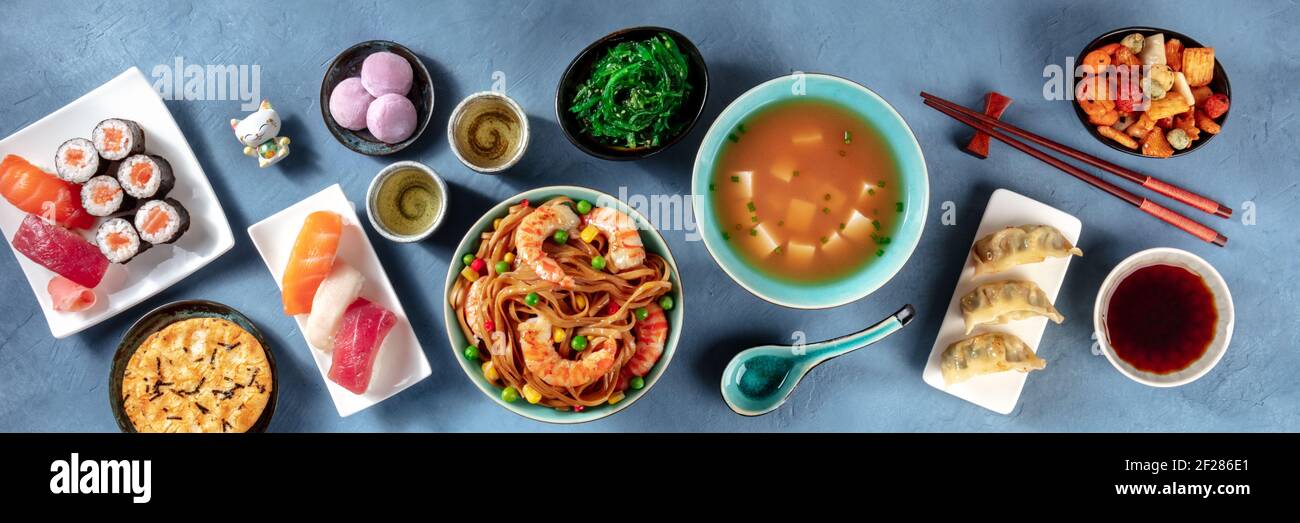 Japanese cuisine panorama. Various dishes of Japan, overhead flat lay ...