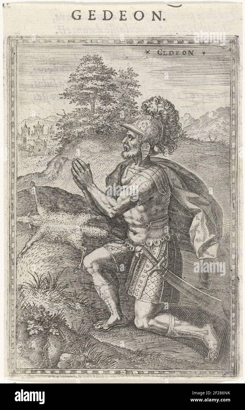 Gideon, the fifth Richter of Israel. He kneels in prayer. In the ...