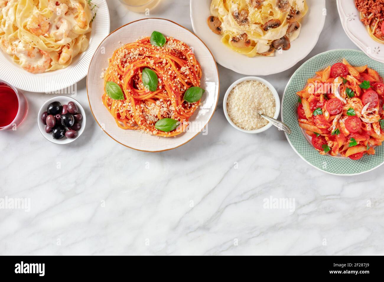 Pasta assortment, shot from above with a place for text Stock Photo - Alamy