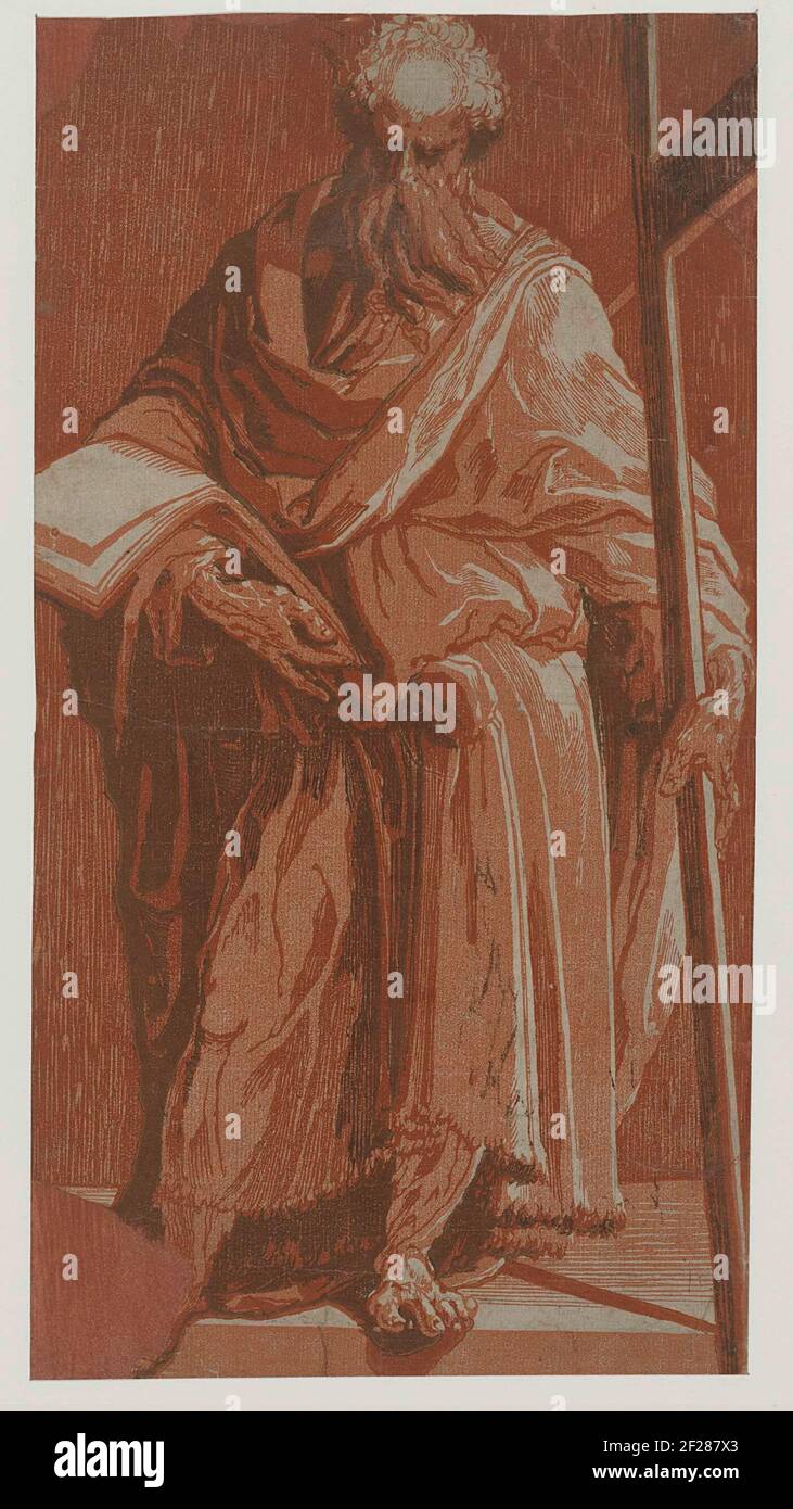 Heilige Filippus.The standing apostle Philip with open book and cross ...