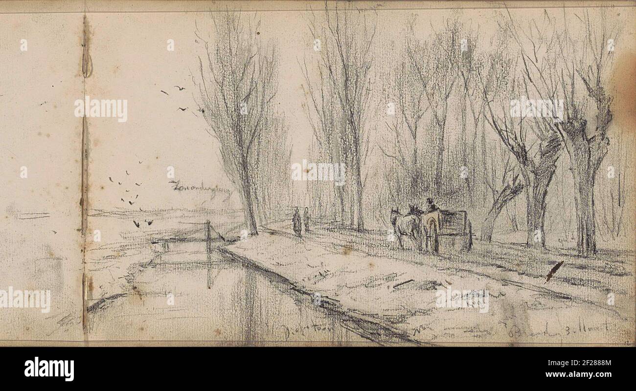 Paardenkar and figures on a path along a speed.Leaf 12 recto from a ...