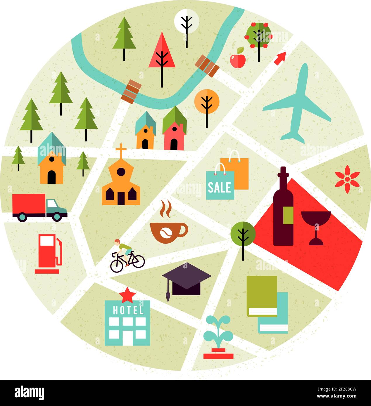 Vector map with places icons. Trees, houses and roads Stock Vector ...
