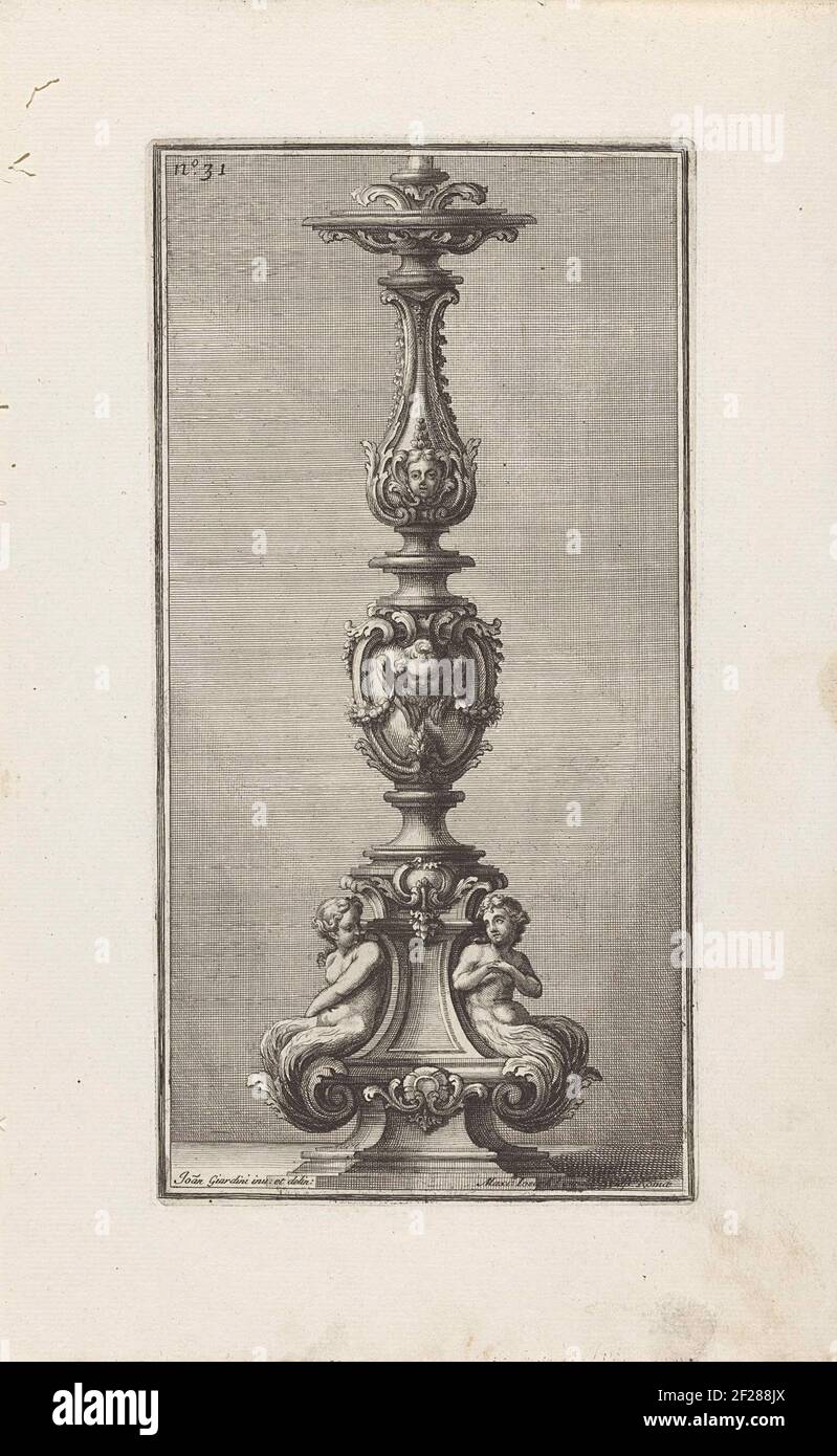 Candlestick with cherub and two women finish in leaf ornament; Various ...