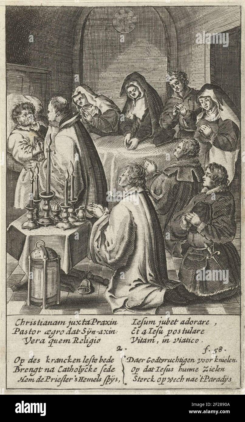 A sick man is in bed and receives a host of a priest while men and ...