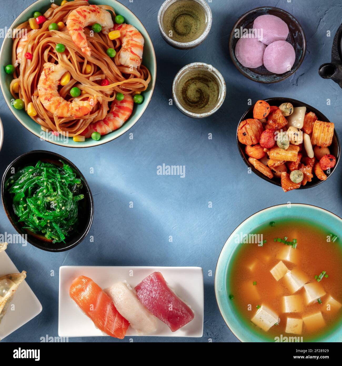 Japanese food square frame with copy space. Many different dishes Stock ...