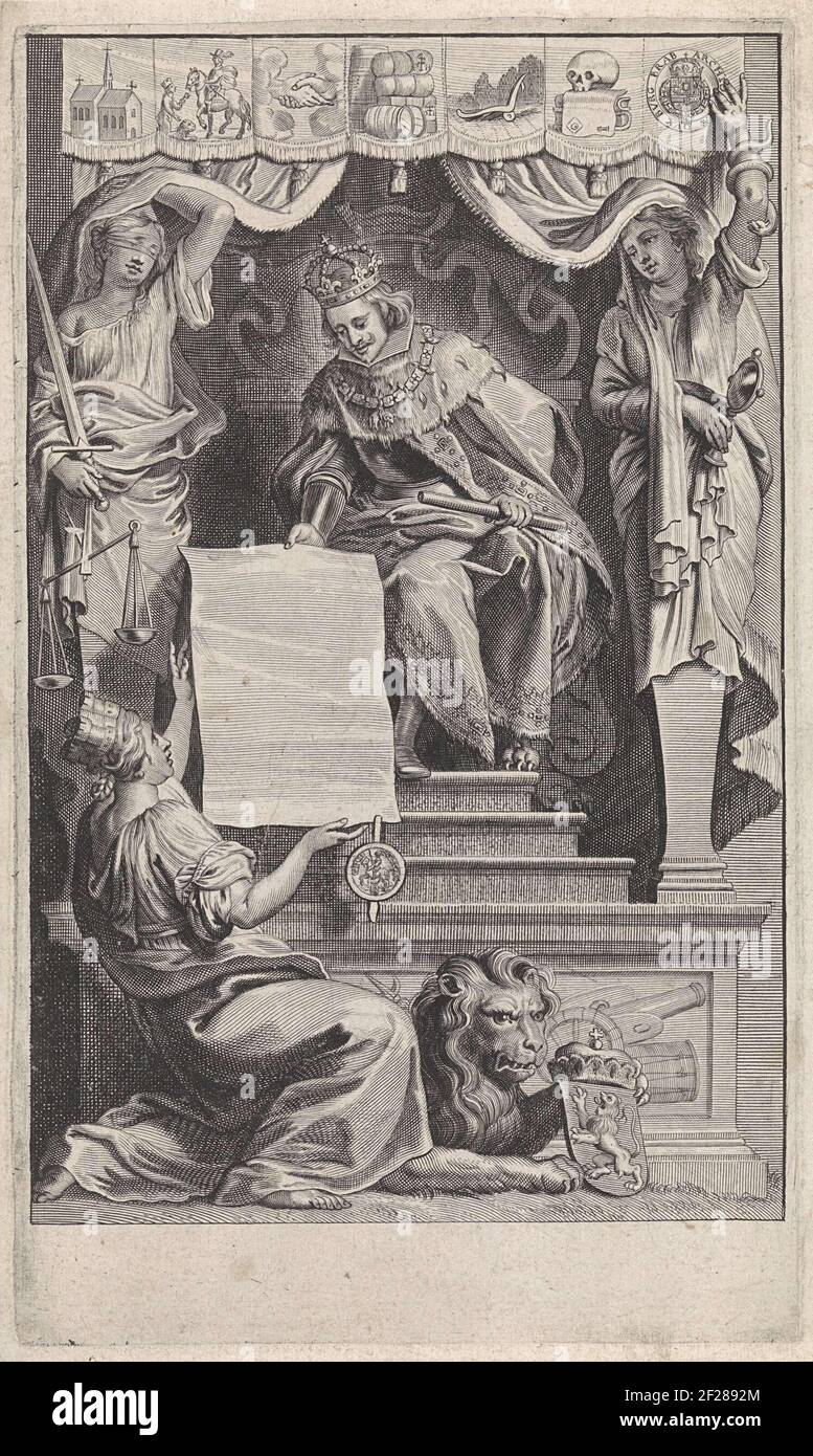 A duke on a throne. There are various symbols on the canopy above the ...