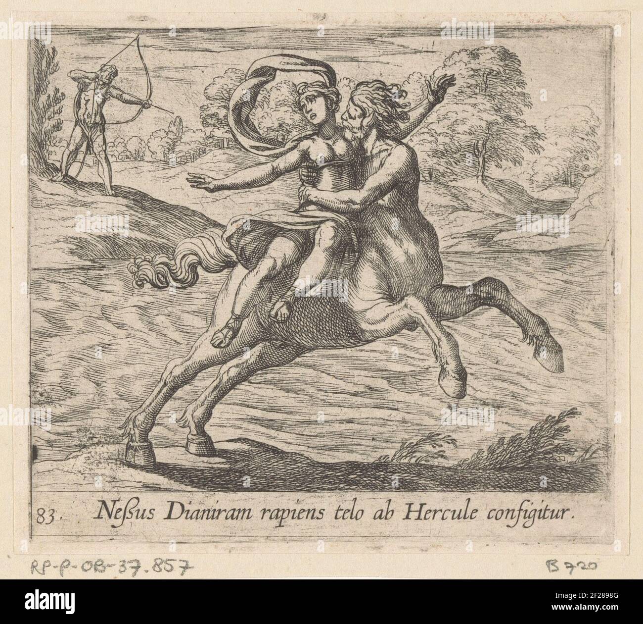 Hercules doodt de centaur Nessus; Nessus Dianiram rapens telo ab ...