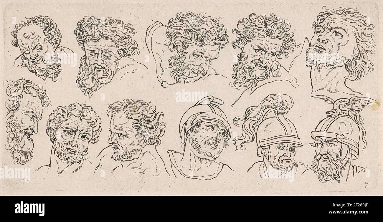 Elf studies van een mannenhoofd; Studies van menselijke figuren of ...