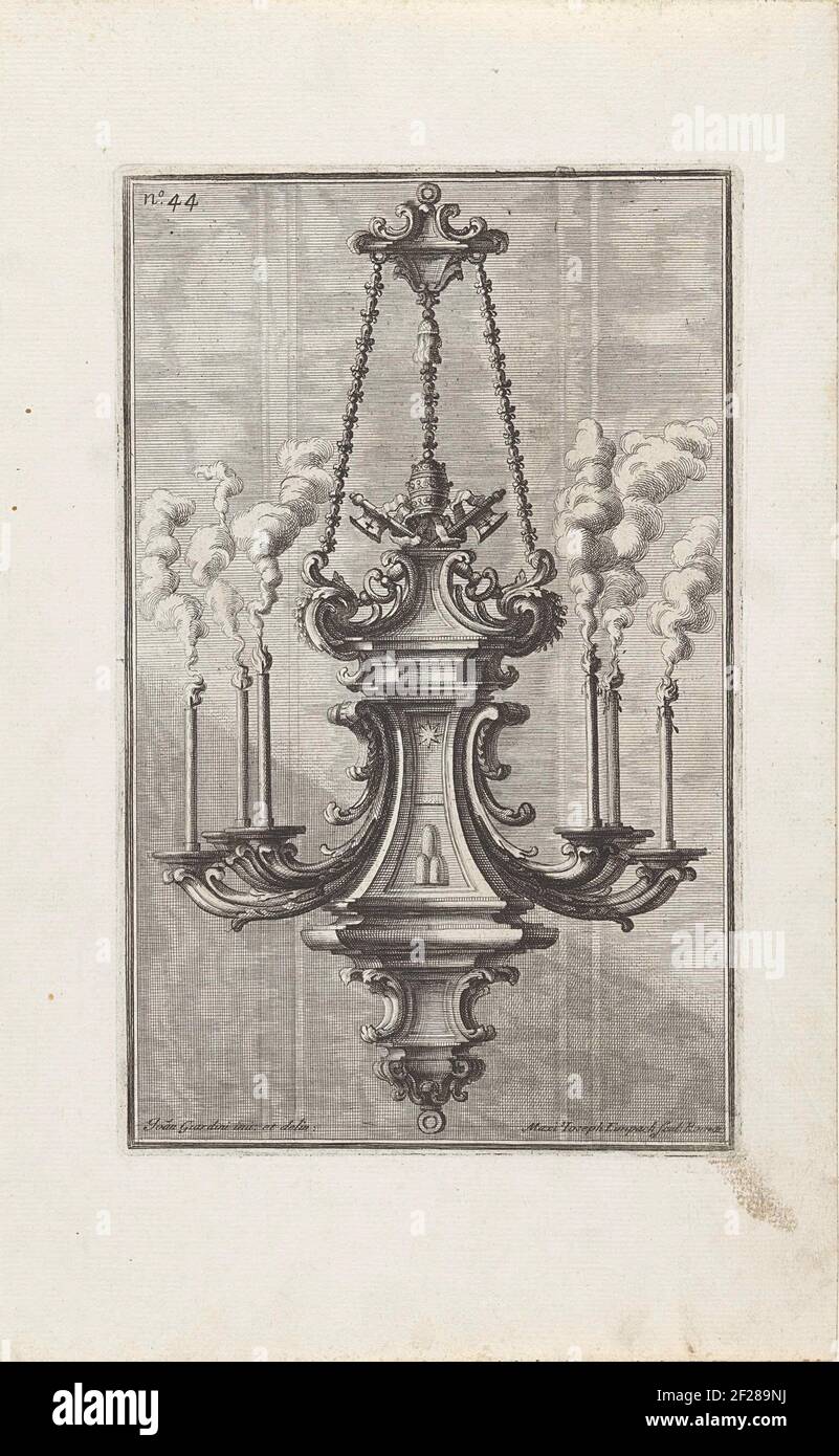 Chandelier with six burning candles and the coat of arms of Pope ...