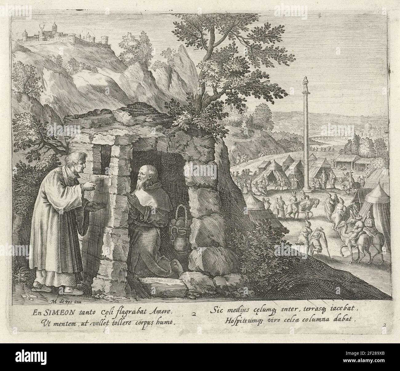 The Holy Simeon de Styliet gives a visitor from his hermit lodge. In ...