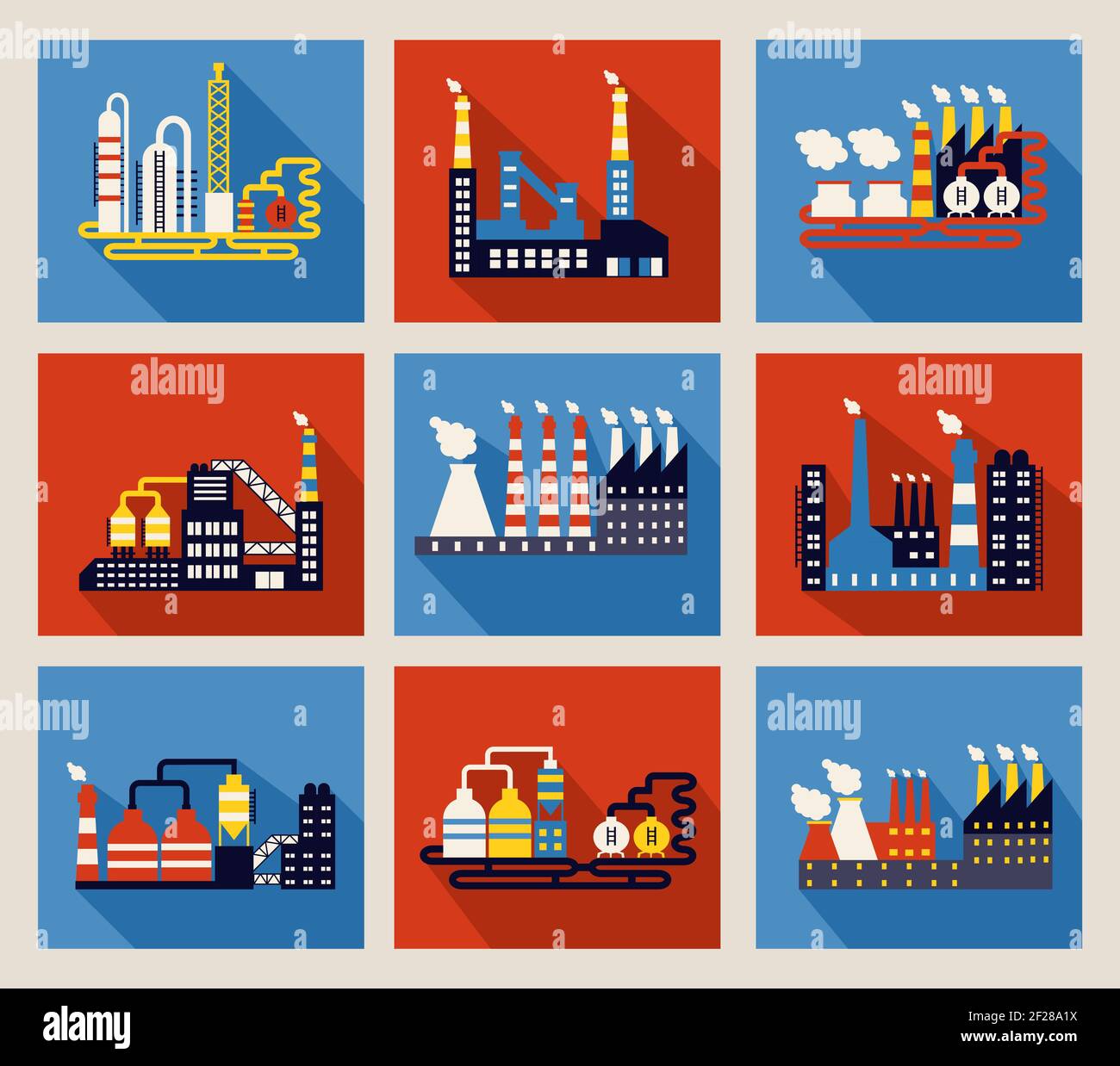 Set of colourful vector industrial factory buildings and refineries on ...