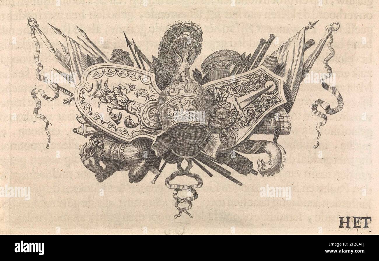 Vignet met een trofee van een wapenuitrusting.Trophy of weapons. In the ...