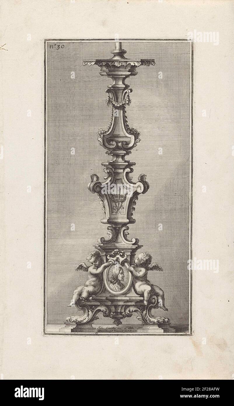 Candlestick with thorns crown, portrait of Christ and two putti ...