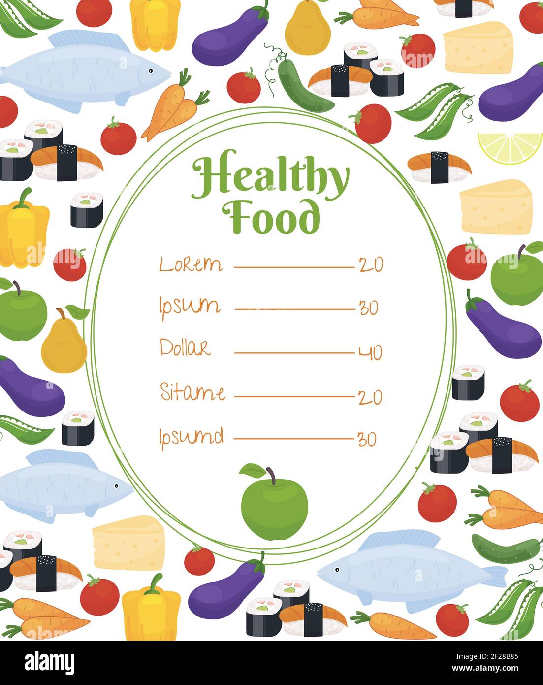 Healthy food menu template with an oval frame and price list surrounded ...