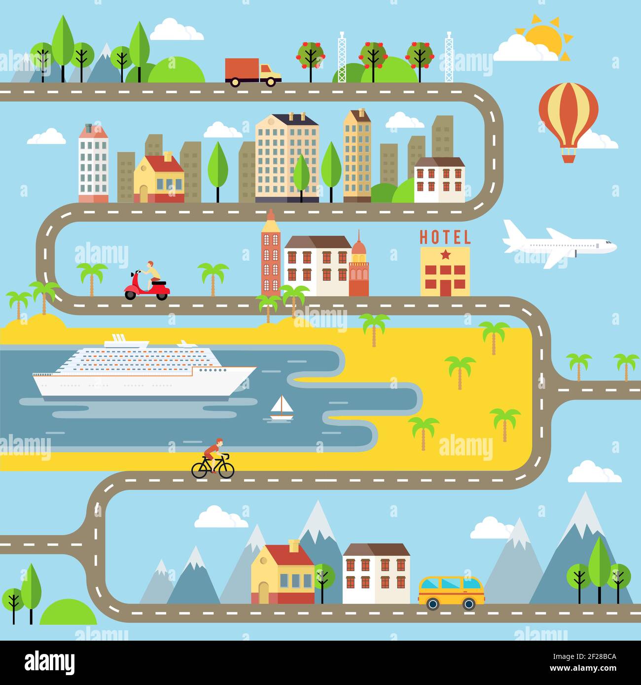 Vector Small Town Cityscape Illustration Design for Kids Isolated Sky ...