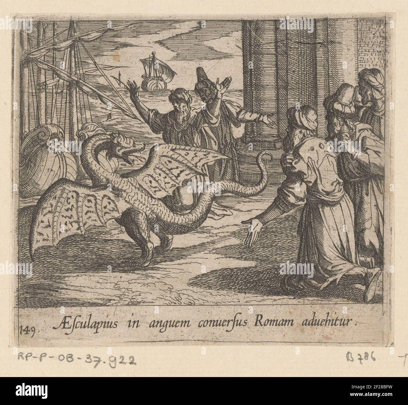 Aesculapius as a dragon between the Romans; Aesculapius in Anguem ...