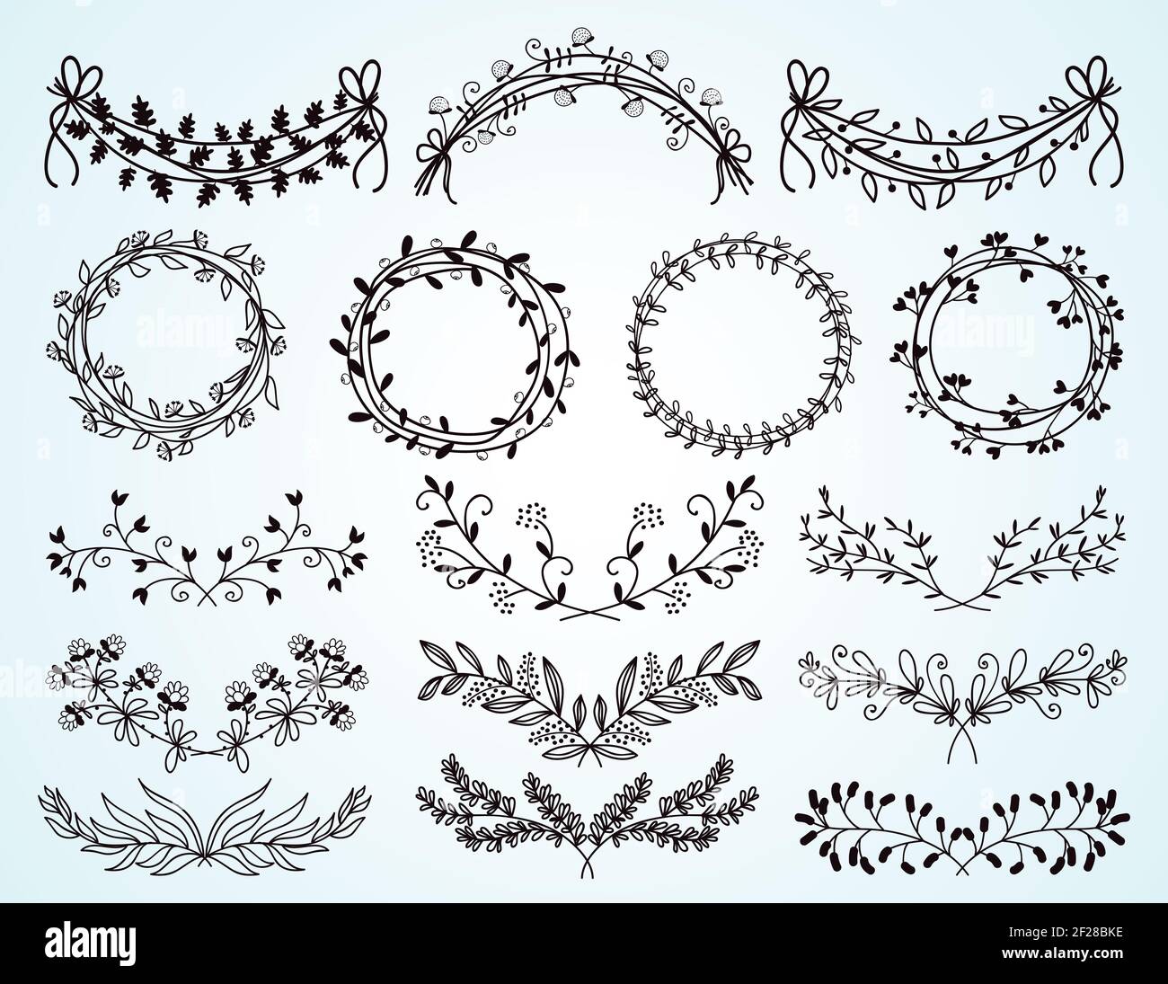 Set of dainty black and white hand-drawn floral and foliate borders and ...