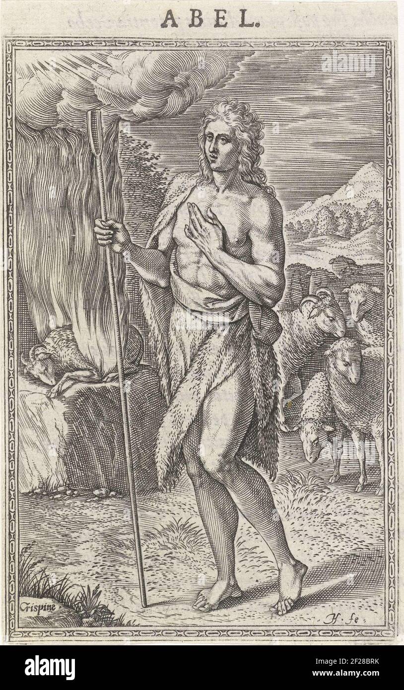 Abel with a shepherd staff in hand. A lamb behind him on a burning ...
