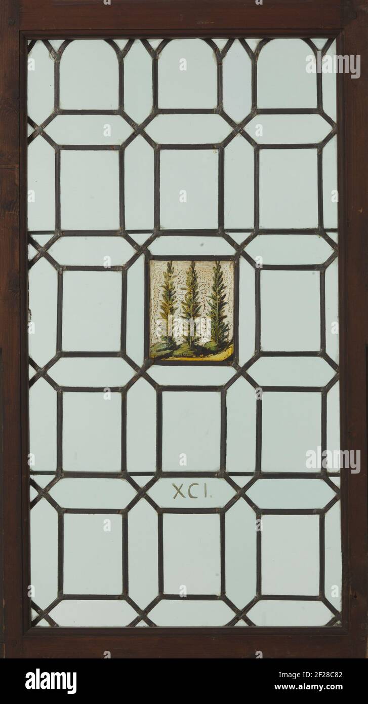 Square with three trees. (Tumble) window with a small stained glass ...