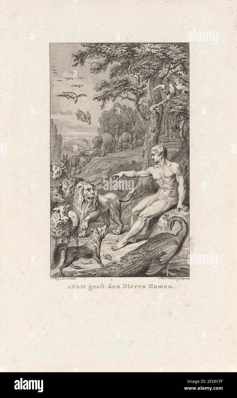 Adam geeft de dieren hun namen.Adam is under a tree and gives the ...