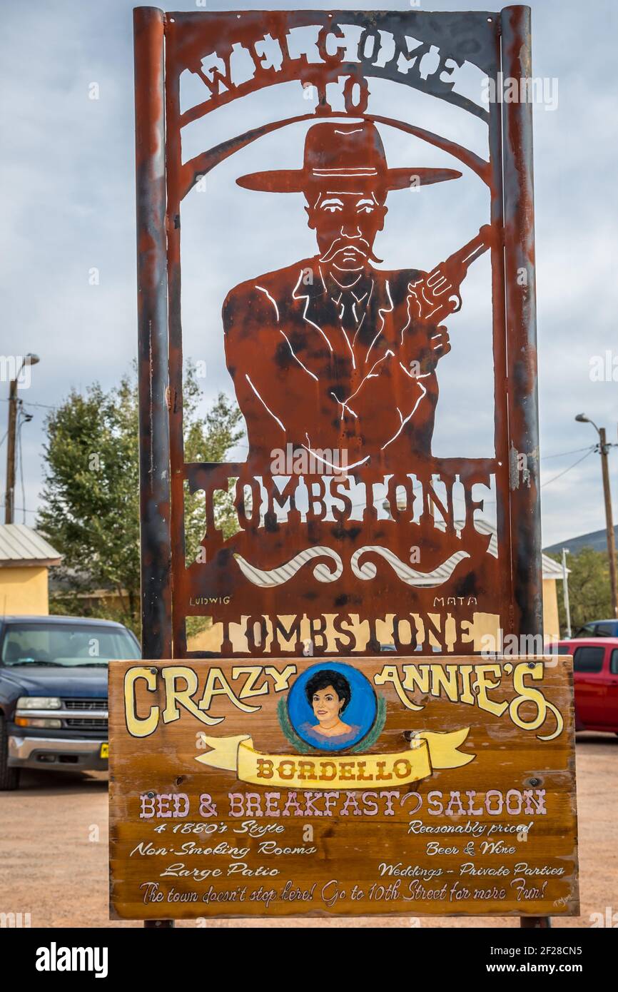 Tombstone, AZ, USA - November 17, 2019: A welcoming signboard at the ...