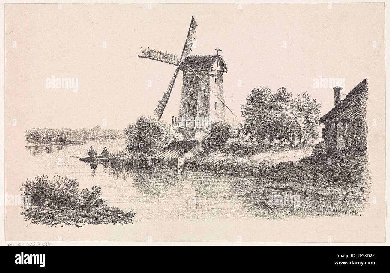 Molen aan het water.A boat with two fishermen in the water Stock Photo - Alamy