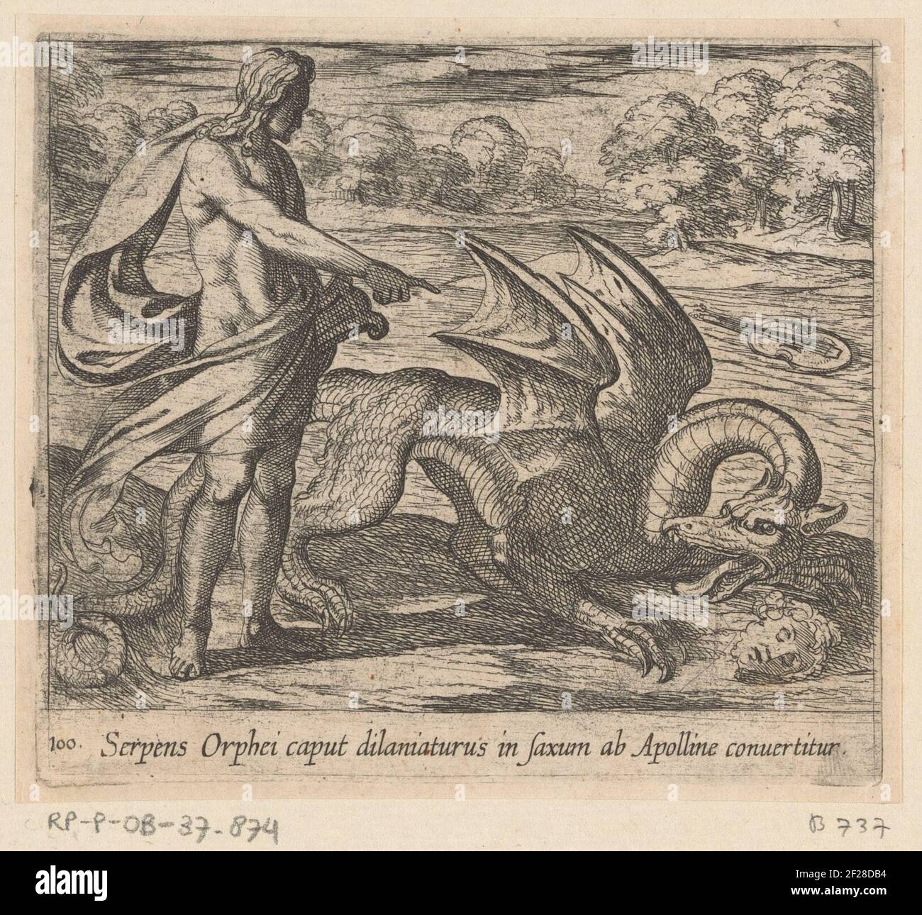 Apollo kills the dragon that attacks the head of Orpheus; Serpens ...