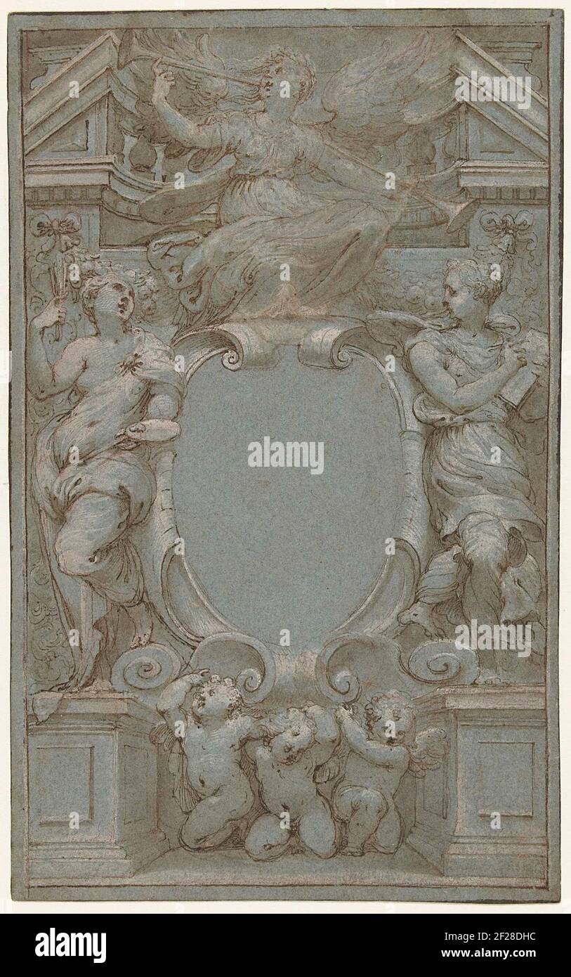 Design for a frontispiece with a cartouche with allegorical figures ...