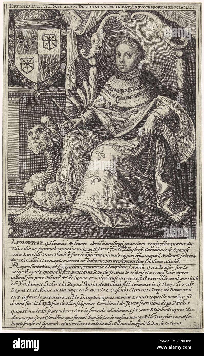 Portrait of Louis XIII, king of France. He sits on a throne and wears a ...