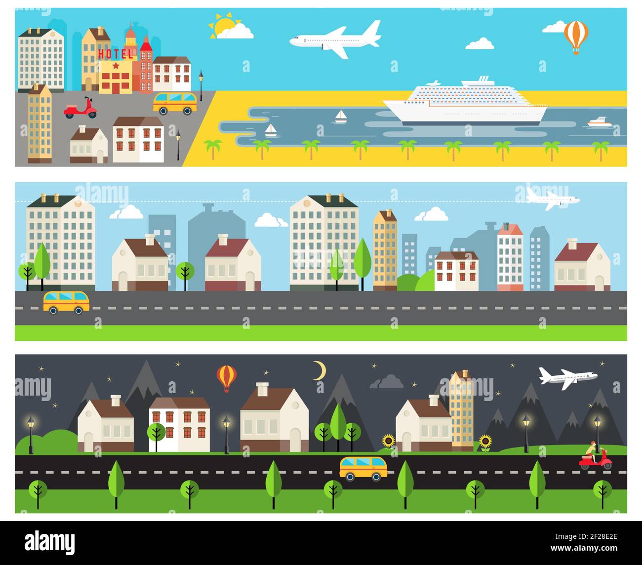 Cool Vector Cartooned Embankment Rural and Urban Road Banners Stock ...