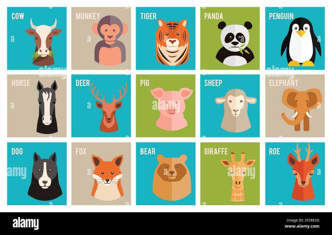 Set of colorful named cartoon vector icons of animals and pets in flat ...
