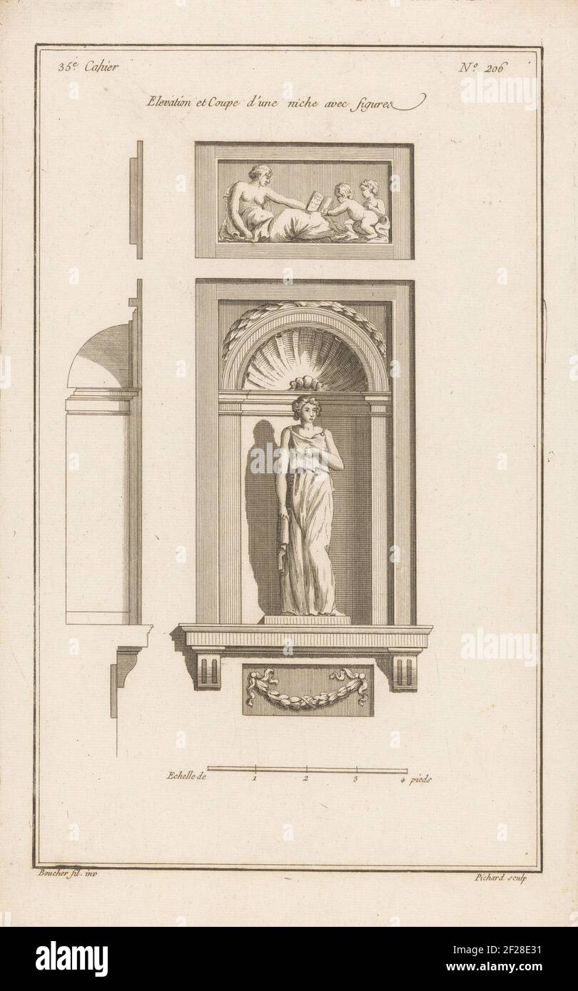 Niche with image of standing woman; Elevation et coupe d'une niche avec ...