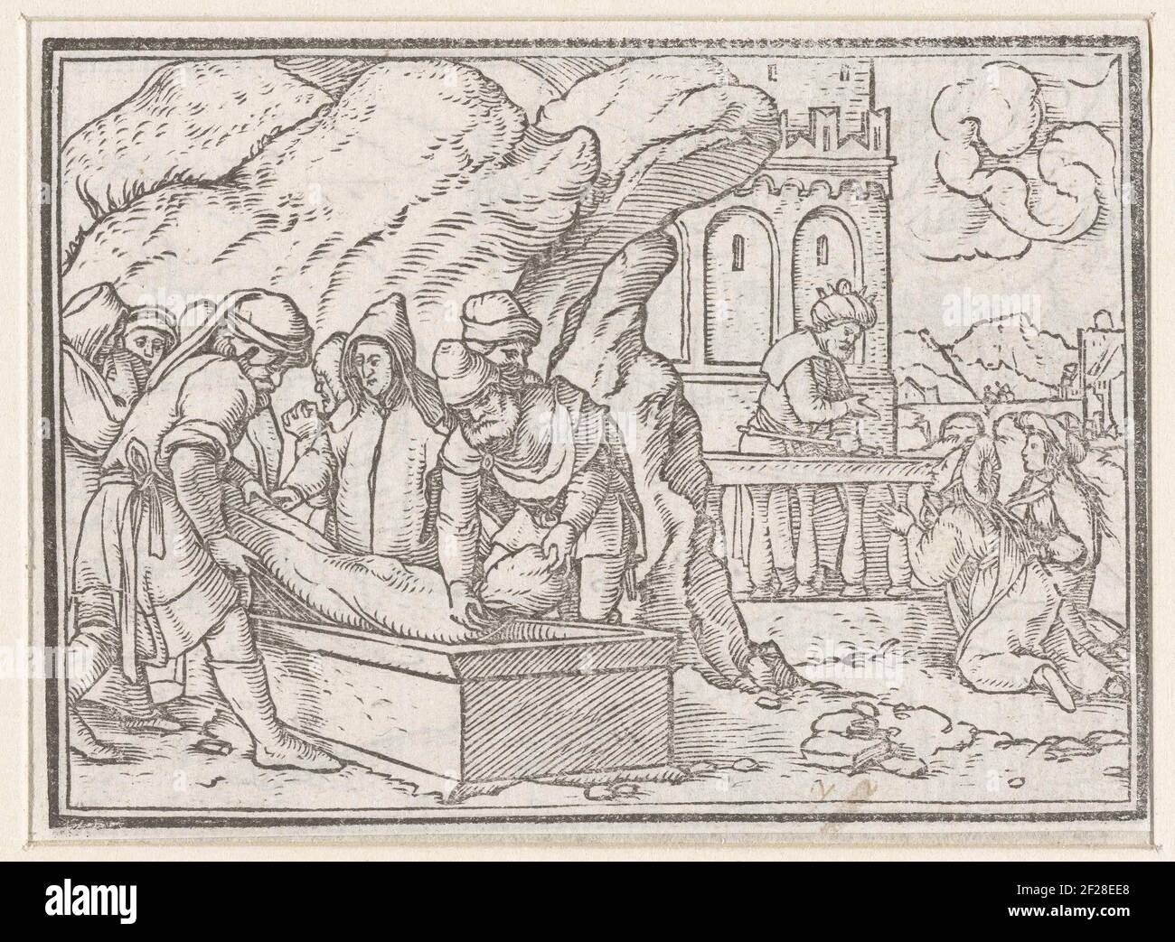 Begrafenis van Jakob in grot bij Machpela.The dead and balzal body of ...