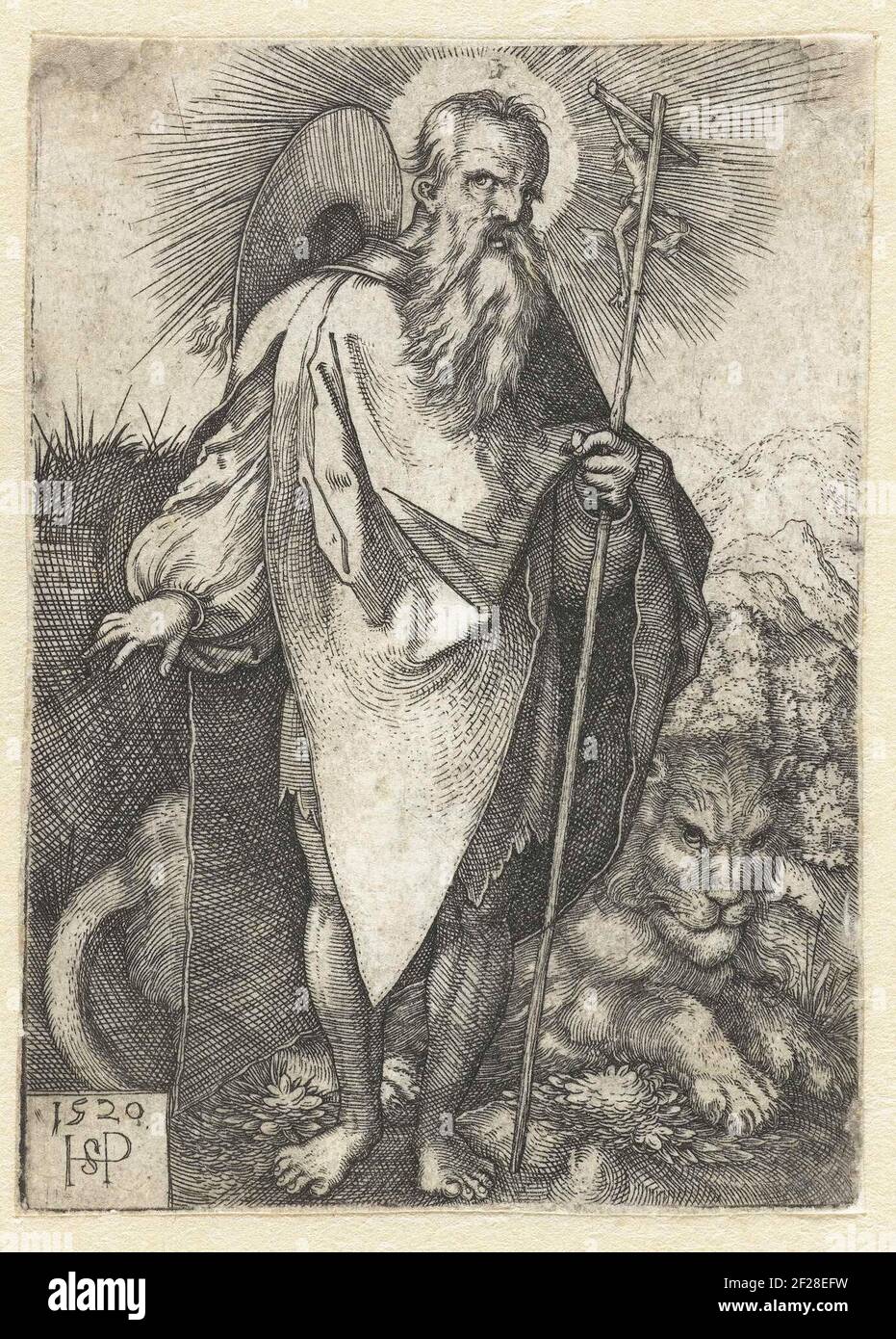 Saint Hieronymus standing with crucifix and lion Stock Photo - Alamy
